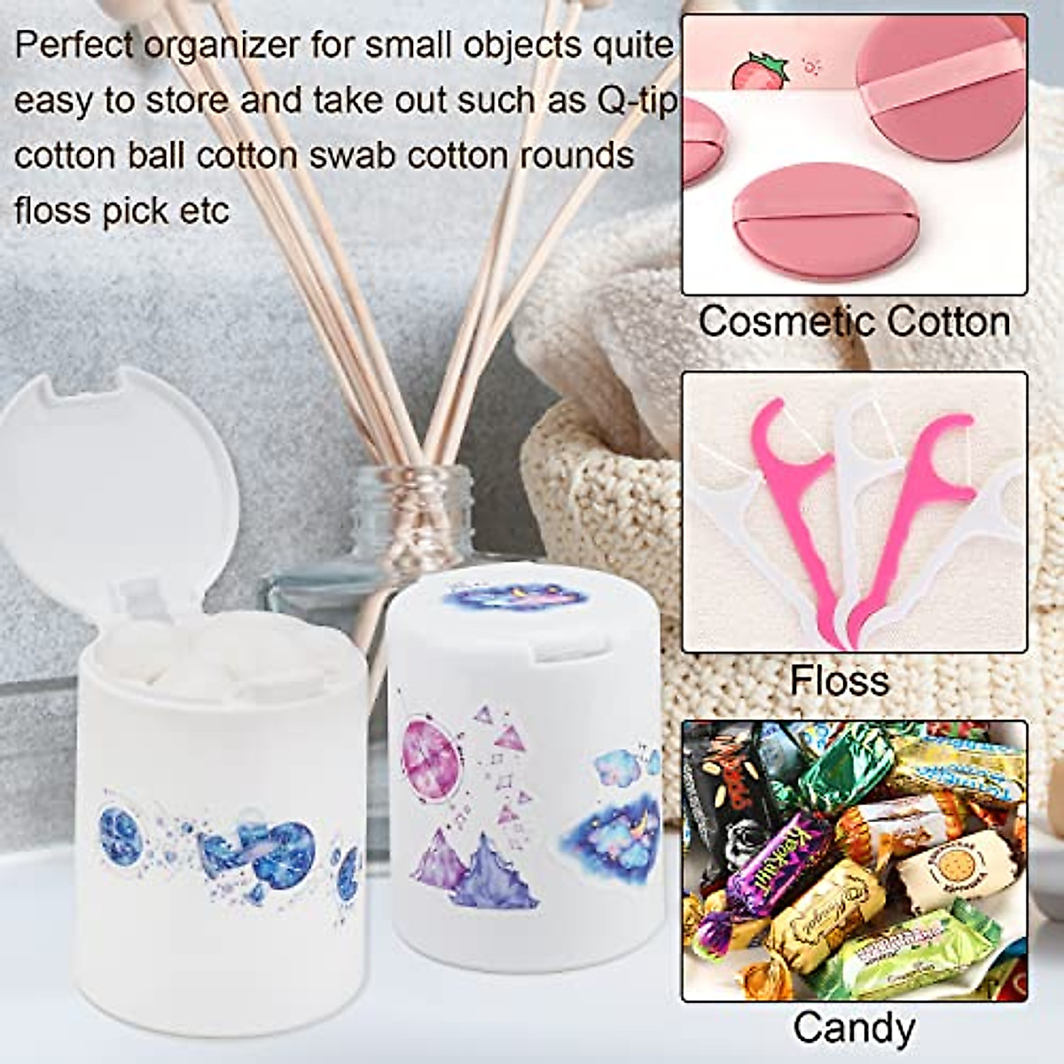 LYroo 2 Pack Qtip Holder Dispenser for Cotton Ball,Cotton Swab,Cotton Round Pads,Floss White Plastic q tip holder Jar with lids Set for Bathroom Bedroom Storage