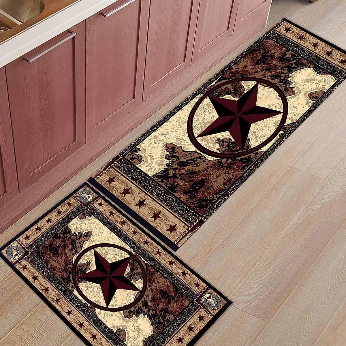 Independence Day 2 Pieces Kitchen Rug Mat Set Retro Star Map Absorbent Soft Runner Carpets Country Pentagram Border Nostalgic Classic Non Slip Doormat Floor Mats Throw Runner Rug for Living Room