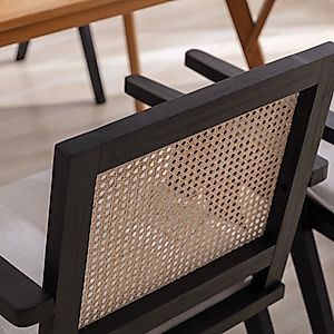 Guyou French Rattan Woven Dining Chairs Set of 6, Upholstered Dining Room Arm Chairs with Cane Back Mid Century Retro Side Chairs (Black Finish and Cream Fabric)