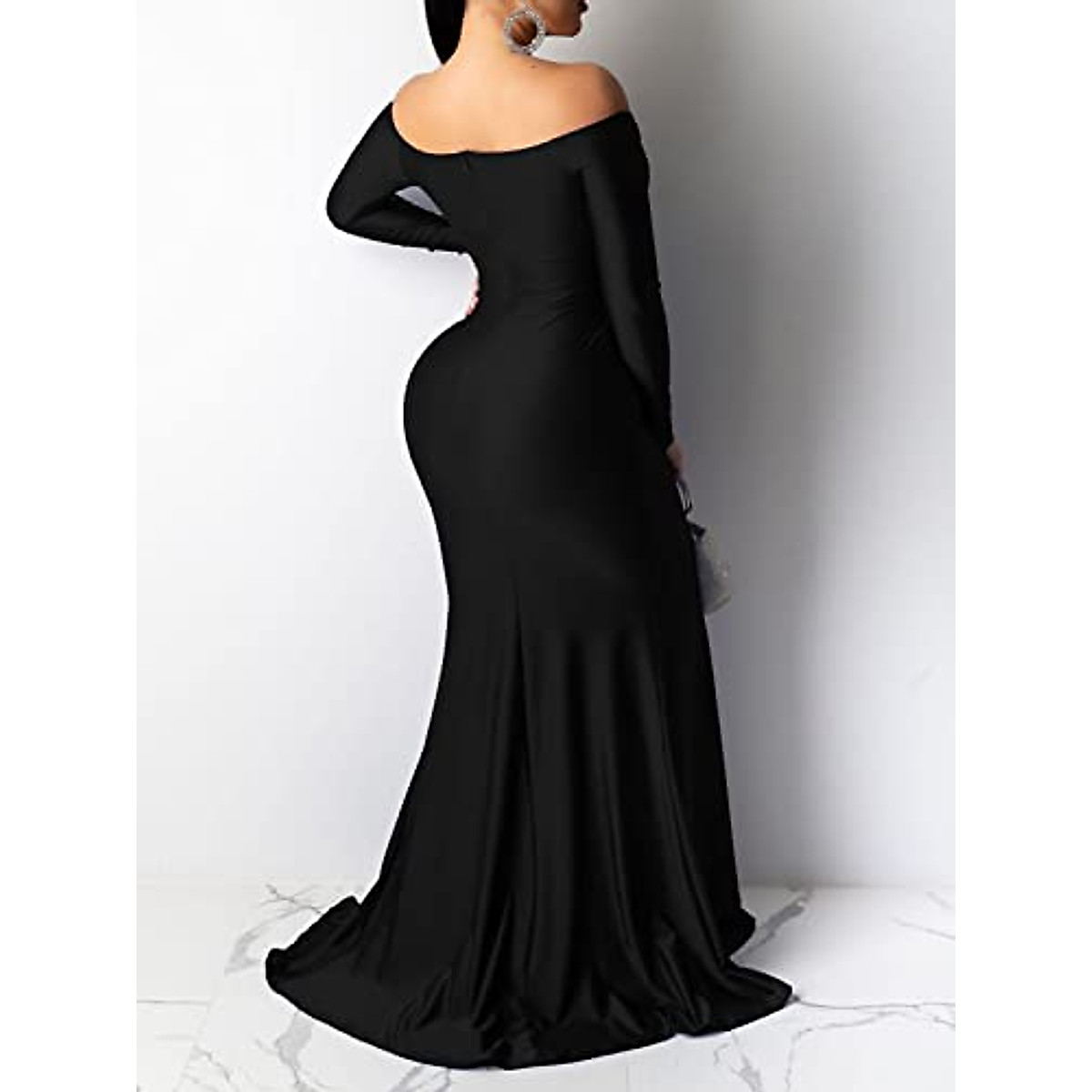 Uni Clau Women Sexy Off Shoulder V Neck Long Sleeve Ruched Maxi Dress High Split Formal Party Gown Nigh Maxi Dresses Black M