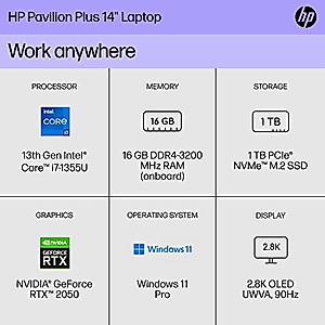 HP Pavilion Plus 14 inch Laptop, 2.8K OLED Display, 13th Generation Intel Core i7-1355U, 16 GB RAM, 1 TB SSD, NVIDIA GeForce RTX 2050 Graphics, Windows 11 Pro, 14-eh1299nr (2023)