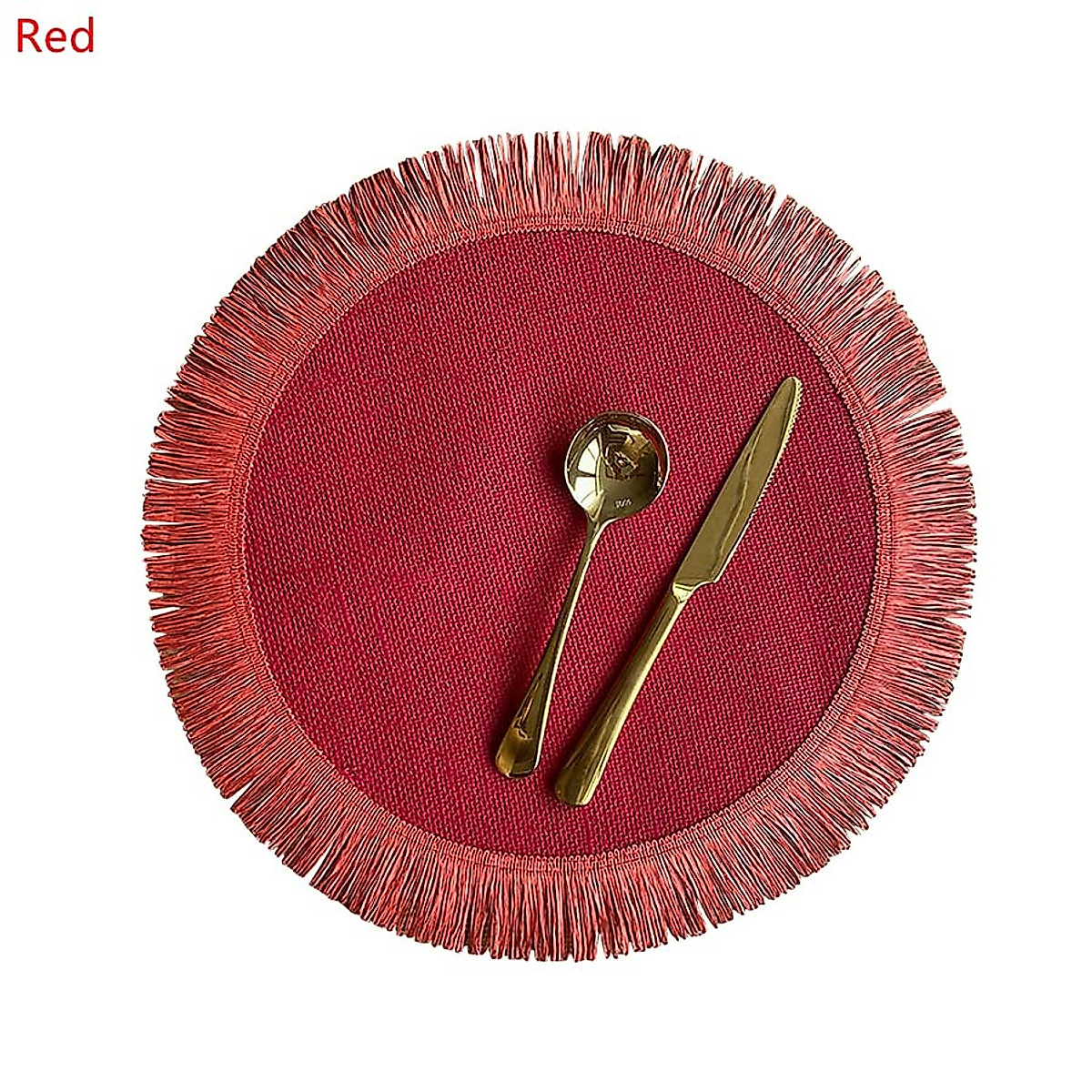 6PCS/Set Round Jute Placemat Linen Cup Mats Tassels Table Mat Decoration Kitchen Heat Insulation Non-Slip Mat Photography Prop (Red)