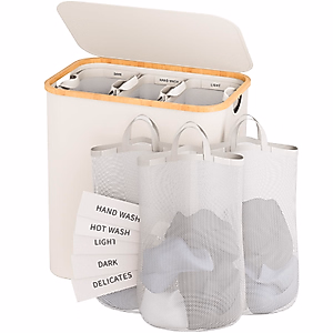 Laundry Hamper 3 Section, 145L Dirty Clothes Hamper with Lid, Extra Large Laundry Basket Organizer with Removable Inner Bags & Labels for Laundry Room, Bedroom, Beige