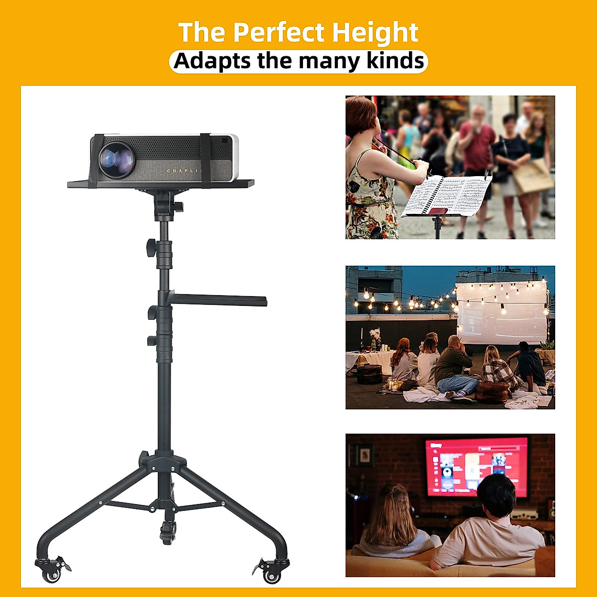 VIVEMCE Projector Stand Tripod on Wheels,Projector Tripod Stand Adjustable Height 29 to 52 Inch,with Removable Mouse Tray and Phone Holder,Portable Laptop Tripod Stand
