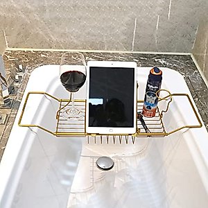 BDL Bathtub Caddy Tray Expandable Bath Tub Tray Table with Wine Holder, Free Soap Dish and Laptop Reading Rack, Bathtub Tray for Home（Bronze）
