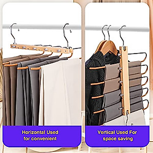 Ulimart Pants Hangers 2Pcs Pants Hangers Space Saving,Wooden Multiple Layers Pants Rack with Non-Slip Rubber Coating Pants Organizer for Trousers Scarves Slack