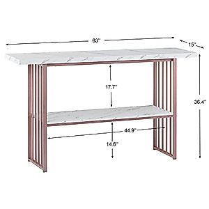 Modern 63-Inch Long Console Table Faux Marble Entry Sofa Table Metal Frame Entryway Table with Shelf for Living Room (White& Pink)