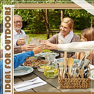 Wicker Flatware Storage Basket Utensil Caddy Hand Woven Divided Cutlery Holder Kitchen Utensil Organizer Water Hyacinth Silverware Organizer with Handle for Countertop Party, 10 x 7.9 x 3.9 Inch