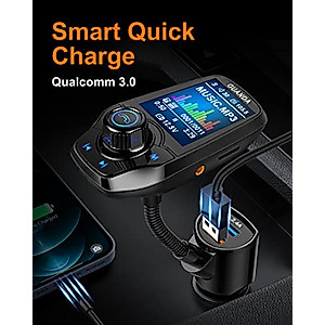 Bluetooth FM Transmitter in-Car Wireless Radio Adapter Kit W 1.8" Color Display Hands-Free Call AUX in/Out SD/TF Card USB Charger QC3.0 for All Smartphones Audio Players - RM100 Black