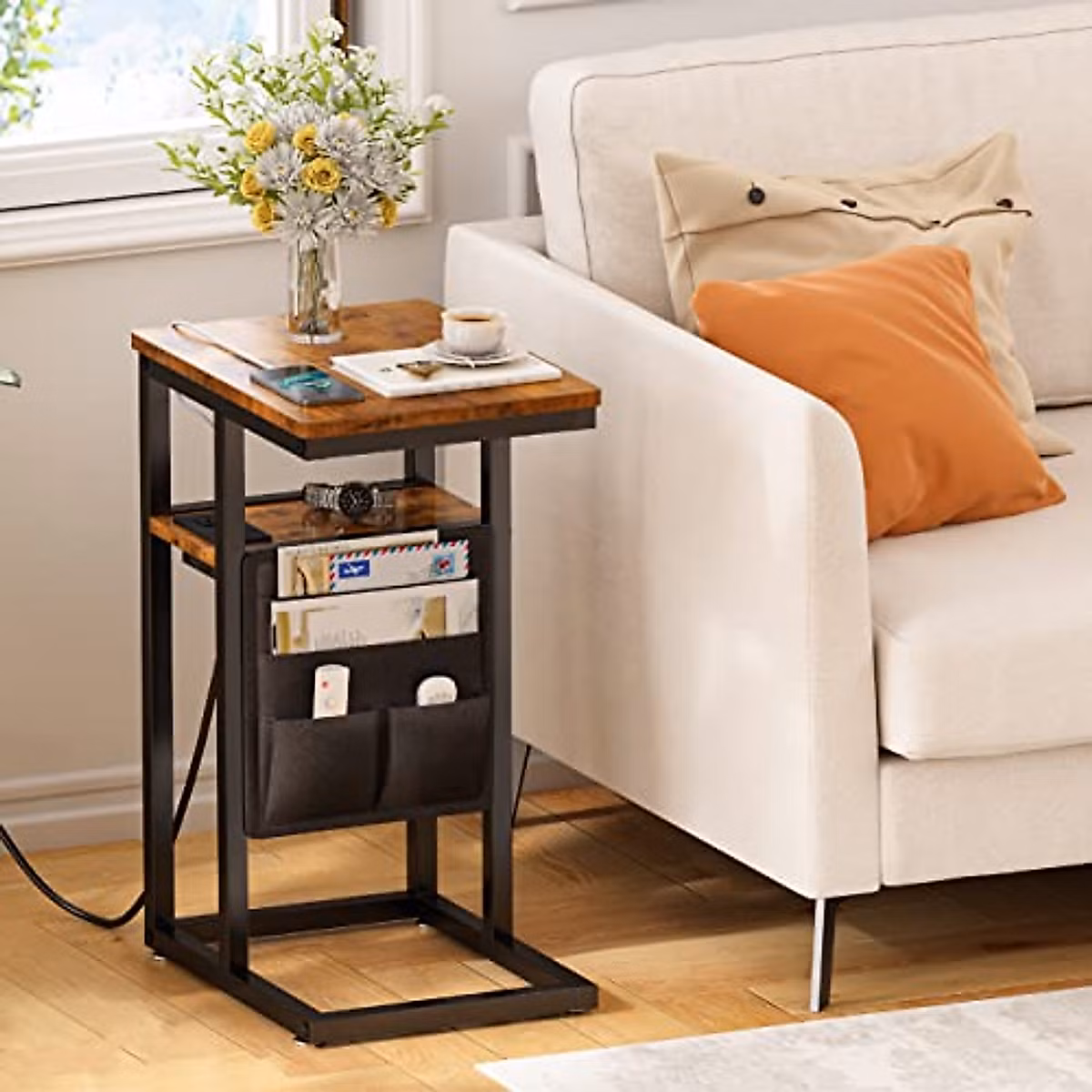 SUPERJARE C Shaped End Table with Charging Station, Side Table with Storage Bag, Couch Table, C Table with USB Port and Outlet, for Living Room, Bed Room, Rustic Brown
