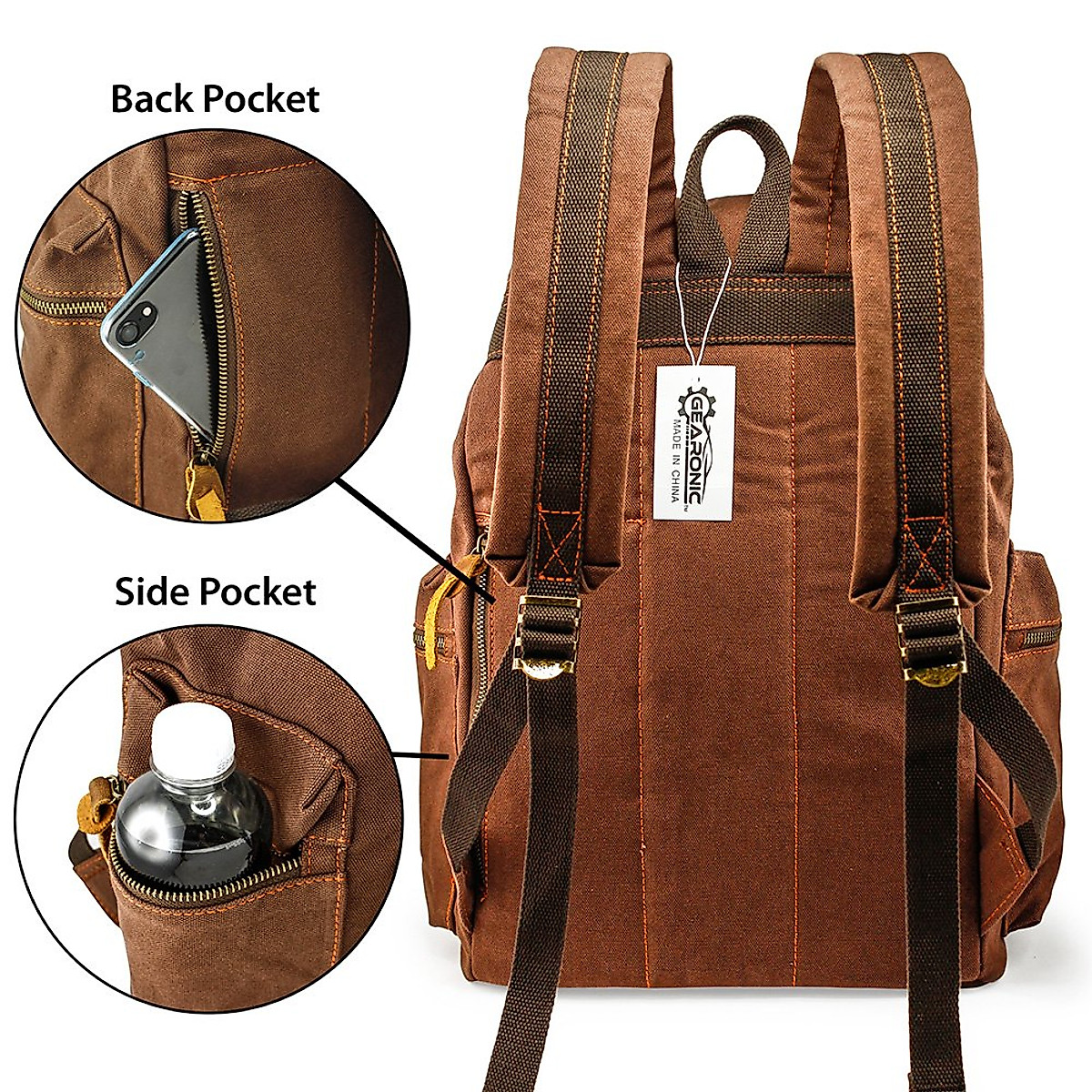 GEARONIC 21L Vintage Canvas Backpack for Men Women Leather Rucksack Knapsack 15 inch Laptop Tote Satchel School Military Army Shoulder Rucksack Hiking Bag-Coffee
