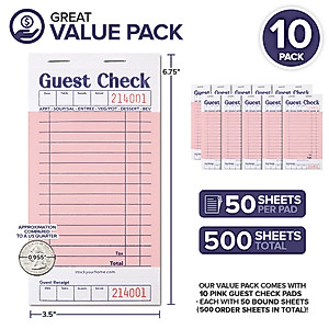 Stock Your Home Pink Guest Check Books for Servers (10 Pack) Server Note Pads, Waiter Checkbook, Food Receipt Book, Restaurant Order Pad, Paper Checks, Waitress Accessories, 500 Total Tickets