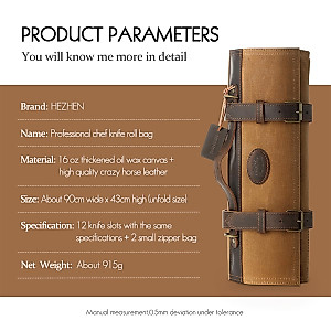 Chef Knife Roll Bag 16oz Oil Waxed Canvas with Cazy Horse Leather, 12 Slots & 2 Zipper Pockets, Portable Backpack Knife Case Storage, Detachable Adjustable Shoulder Strap Belt(Not Included Knives)