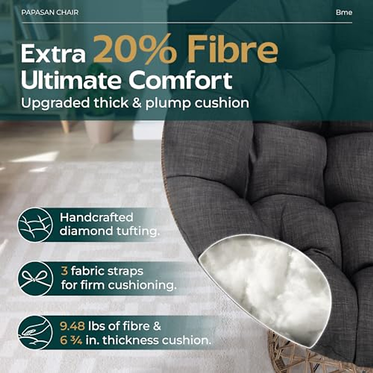 Bme 40" Ergonomic Wicker Papasan Chair with Soft Thick Density Fabric Cushion, High Capacity Steel Frame, 360 Degree Swivel for Living, Bedroom, Reading Room, Lounge, Onyx Stone - Brown Base