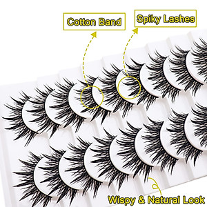 Losha Eyelashes Wispy Wet Look Manga Lashes Natural Look 18mm Spiky Anime Fake Eyelashes 10 Pairs Handmade Faux Mink Lashes Pack (02)