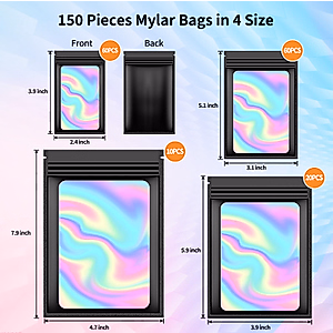 Ruiqiger 150 PCS Resealable Smell Proof Mylar Bags Food Storage Ziplock Holographic Bag Packaging Pouch Black With Window for Coffee,Electronics