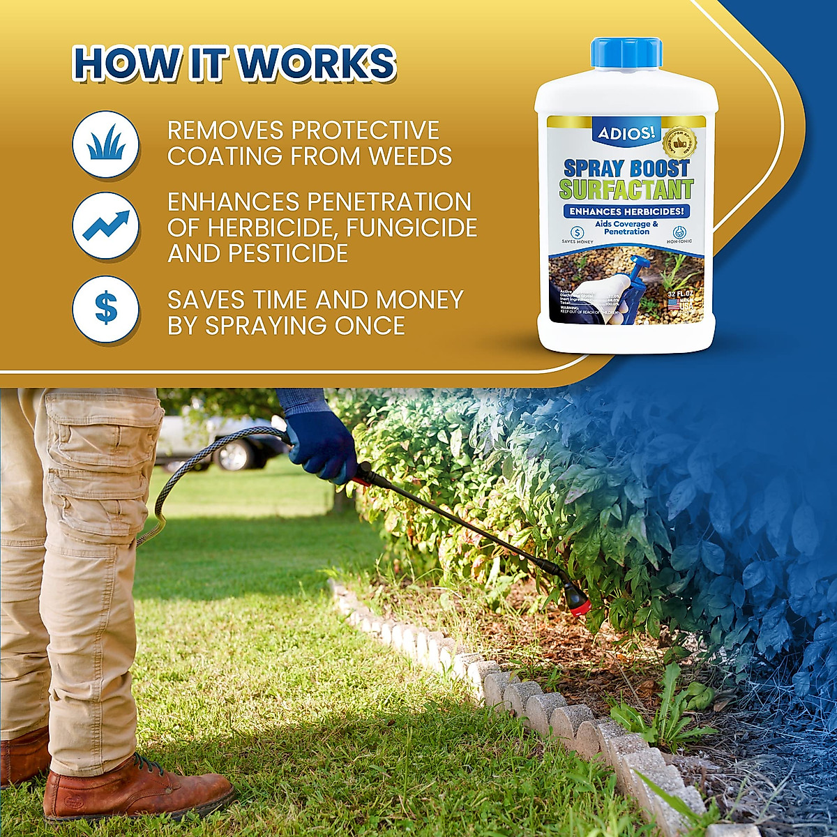 Adios! Spray Boost Surfactant for Herbicide and Weeds, Makes 25 Gallons of Nonionic Wetting Agent (8oz)