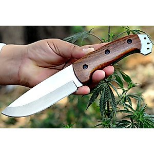 ALZAFASH Bushcraft Knife, Handmade Horizontal Carry Knife with Rosewood Handle, Hunting Knife with Holster, Tracker Knife With Sheath, High Carbon Steel Blade Knife