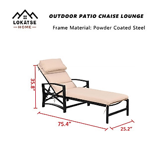 LOKATSE HOME Outdoor Adjustable Chaise Patio Steel Furniture Metal Lounge Chair with Cushion, Khaki