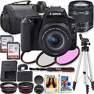 Canon EOS Rebel SL3 DSLR Camera w/Canon EF-S 18-55mm is STM Lens + 2Pc 64GB Memory Card + Tripod + Photo and Video Editor & More (Renewed)