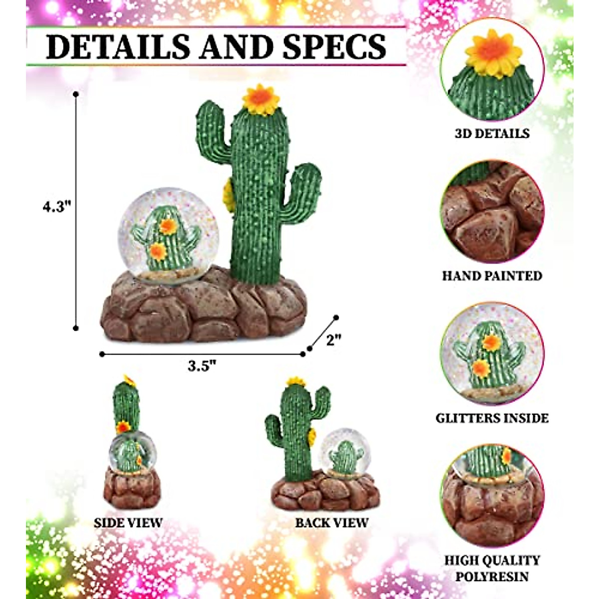 CoTa Global Cactus Snow Globe - Magical Rainbow Water Globe Figurine with Sparkling Glitter, Collectible Novelty Ornament for Home Decor, for Birthdays, Christmas, and Valentine - 45mm
