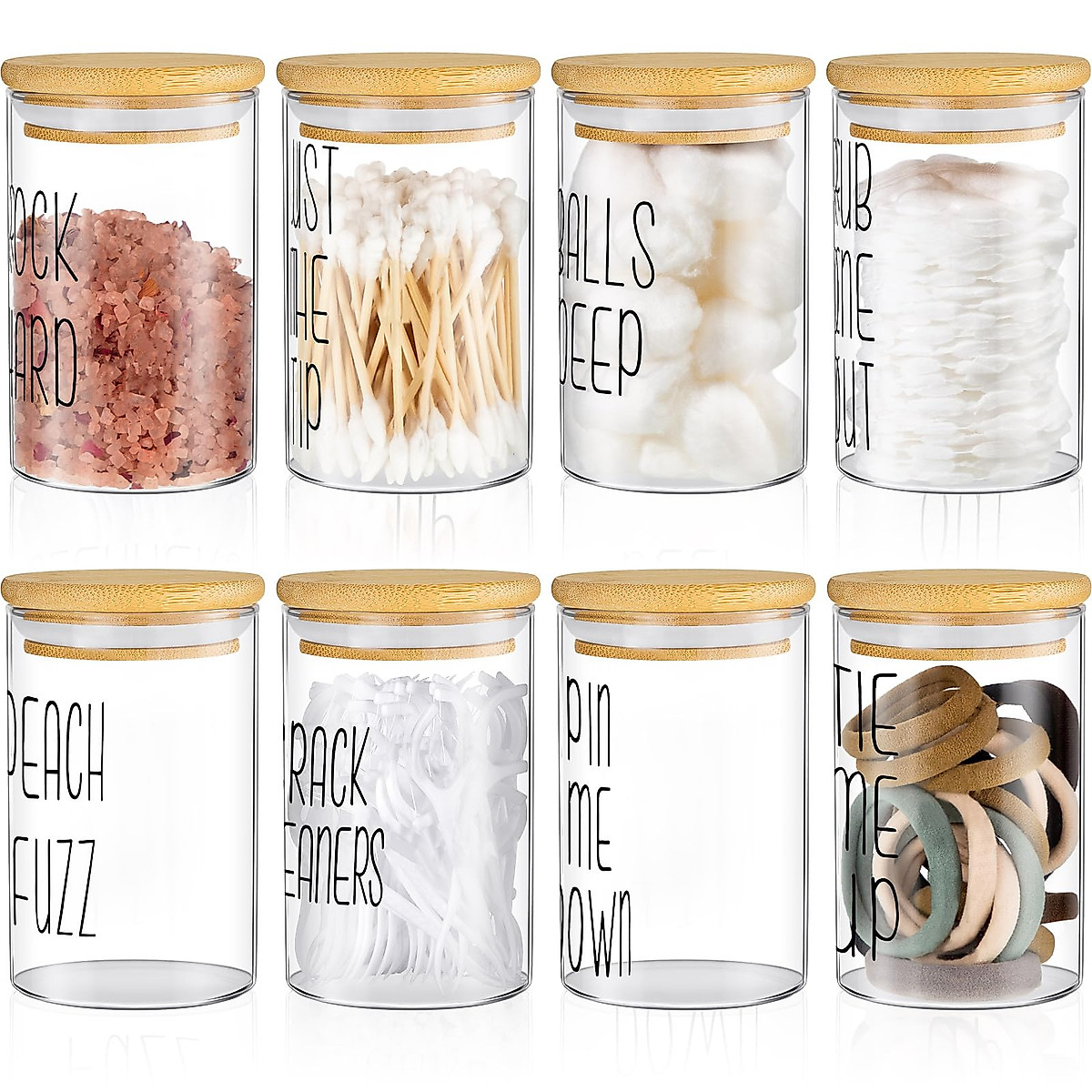 Tessco 8 Pcs Bathroom Jars with Lids Set 10Oz Apothecary Jars Glass Bathroom Jars with Bamboo Lid Cotton Ball Holder Funny Bathroom Canisters Bathroom Storage Decor for Floss Pick Makeup Organizer