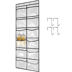 TidyMaster Clear Crystal 1 Pack 12Pockets Large Hanging Shoe Organizer Over The Door Shoe Rack for Closet Door Storage Shoe Holder Hanger, 4Hooks, White (59'' x 21.6'')