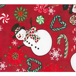 Red Sweet Christmas Snowmen Precut Durable Soft Hand Cotton Fabric by The Yard - One Yard