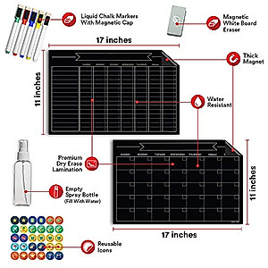 Magnetic Chore Chart Chalkboard & Reusable Dry Erase Calendar Set – Organizational Reward Planner - Family Planning Board - Kids Responsibility Reward Cleaning Chart – 11” x 17” (Lushleaf Designs)