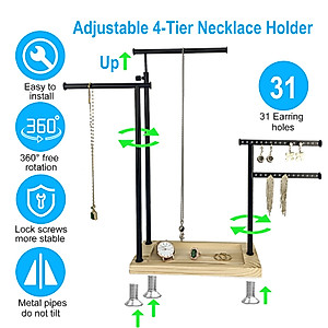 lengnoyp Premium Jewelry Stand, 4-Tier Storage Necklace Holder Stand, Earring Holder AdjustableTall 20I N (Max), Jewelry Organizer for Necklace, Bracelet, Earring, Black