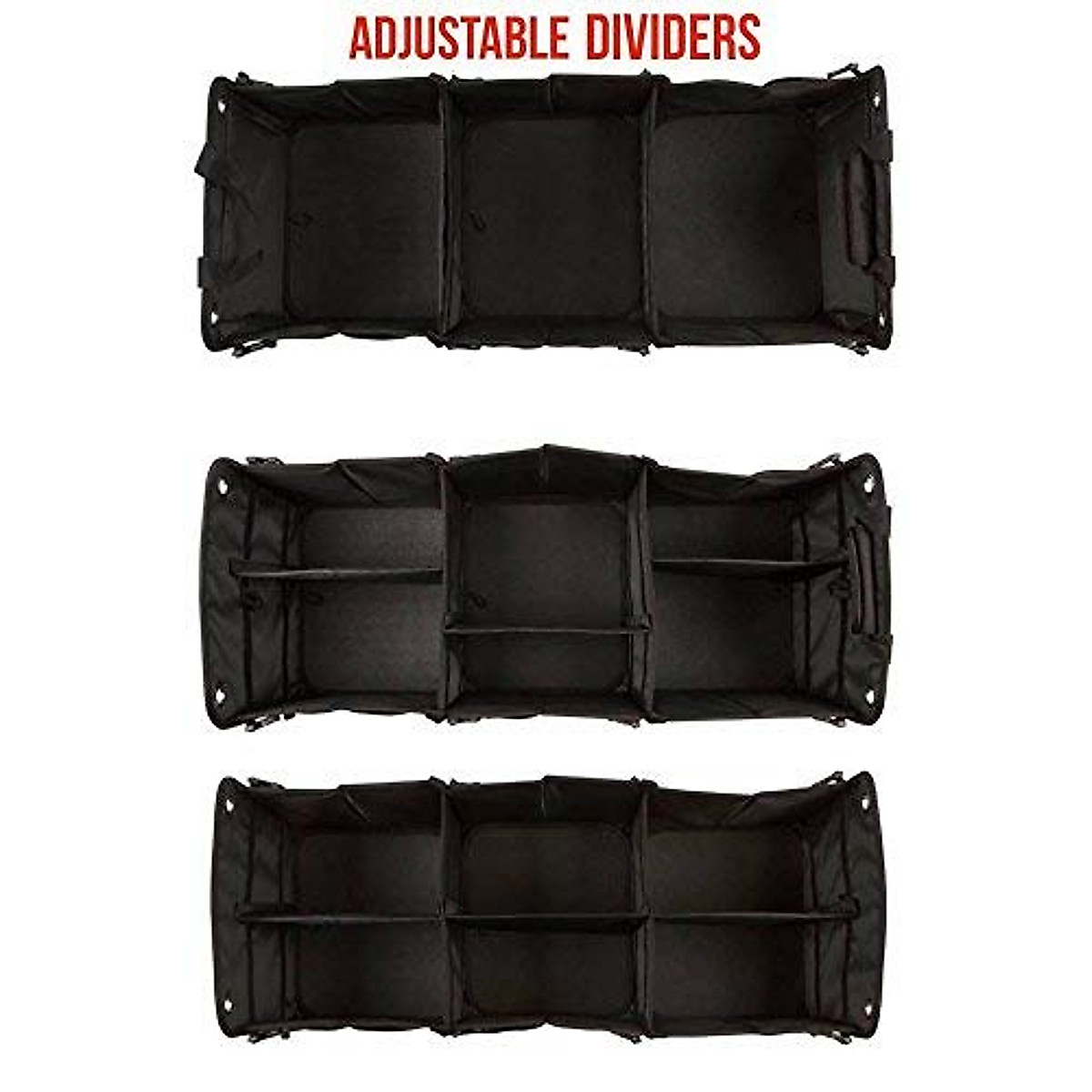 Tuff Viking Convertible Large 3 Compartment SUV Trunk Organizer | Truck Bed Organizer with Cover for Trucks, Cars, SUVs and Groceries. PATENTED ( 4-in-1 with Cover, Black)