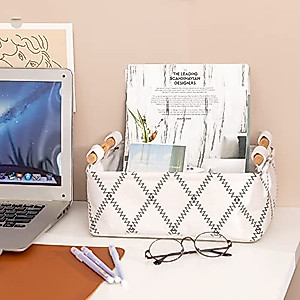 LUFOFOX Decorative Collapsible Rectangular Fabric Storage Bin Organizer Basket with Wooden Handles for Clothes Storage, 11"×7.1"×3.9", White