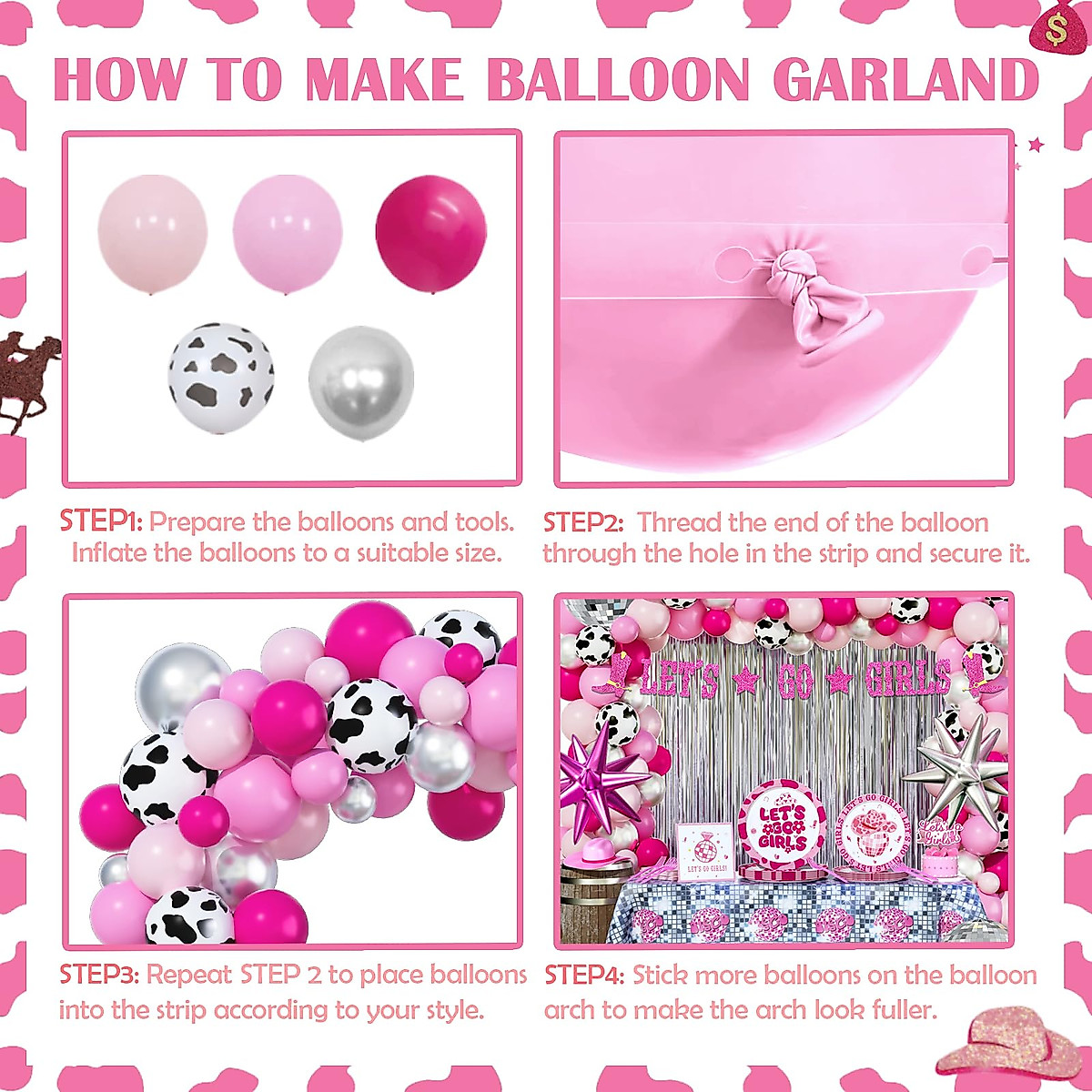 Hombae Cowgirl Bachelorette Party Decorations, Let’s Go Girls Party Supplies, Disco Hot Pink Nashville Cowgirl Bridal Shower, Fringe Curtain Balloon Banner Tablecloth Cake Topper Plates Napkins Forks