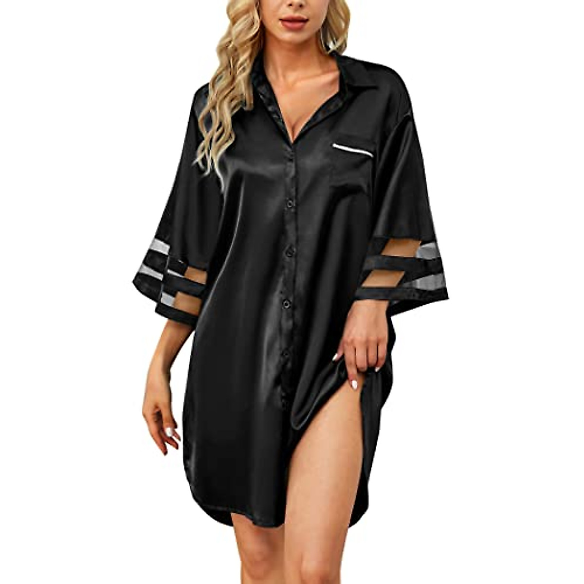 HBZDQB Womens Nightshirts Sexy Silky Sleepwear with Pocket Button Up Long Sleeve Sleepshirt Nightgown Cute Nighty Black M