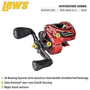 Lew's HyperSpeed Series Casting Reel, 9+1 Stainless Steel Ball Bearings, 9.5:1 Gear Ratio, Right-Hand Retrieve, Red