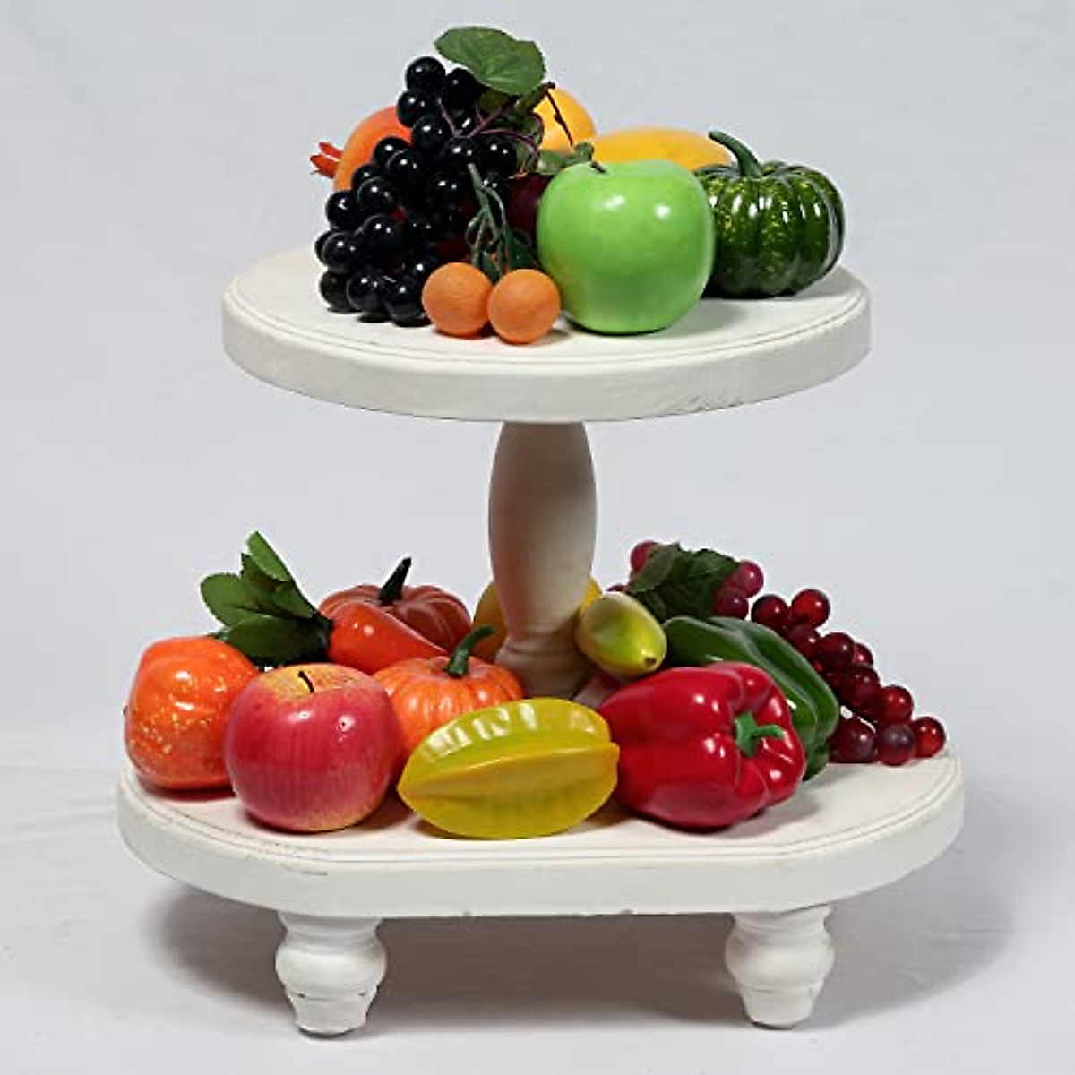 Farmhouse Two Tiered Stand, Round Rustic Wood Two Tiered Tray, Wooden Cake Stand Kitchen Tiered Tray, Decor Serving Tray for Coffee Bar, Kitchen Counter, Dining Room Table (White)