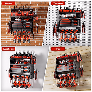 Power Tool Organizer with Charging Station, 4 Drills Holder Wall Mount Rack, 3 Layer Storage Rack,Side Pegboard with Screwdriver Holder/Plier Holder,etc, Garage Power Tool Storage with Power Strip