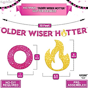 KatchOn, Glitter Older Wiser Hotter Banner - No DIY, 10 Feet | Pink Birthday Banner for Birthday Decorations Adult Women | Older Wiser Hotter Birthday Banner for Pink Funny Birthday Decorations