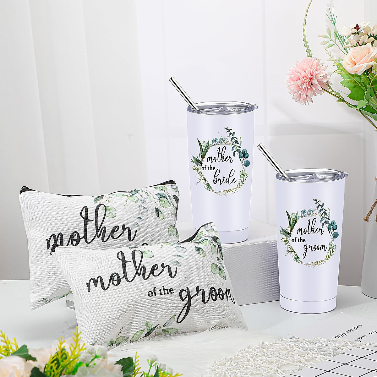 4 Pack Mother of the Groom Gifts Mother of the Bride Tumblers Cup Bride Makeup Bags Stainless Steel Groom Mug Mother Cosmetic Bag Wedding Gift for Bridal Shower Travel Party Favor(Green Leaves)