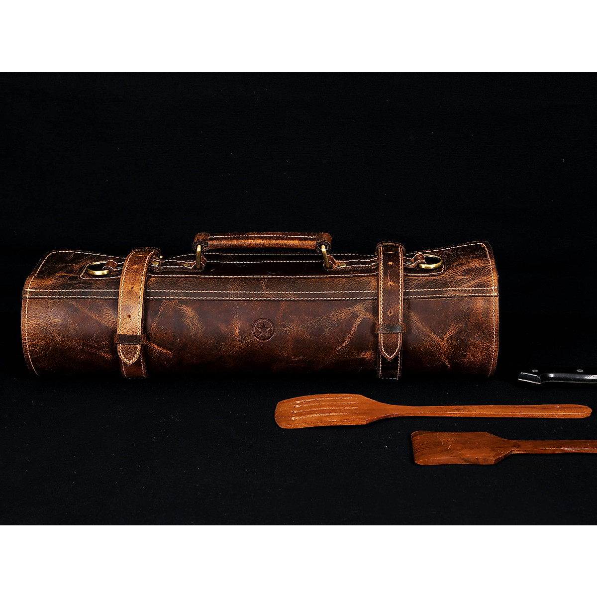 Aaron Leather Goods Vendimia Estilo Leather Knife Roll Storage Bag, Elastic and Expandable 10 Pockets, Adjustable/Detachable Shoulder Strap, Travel-Friendly Chef Knife Case Roll (Caramel, Leather)