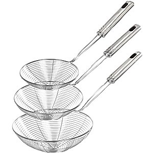 Enhanced Version Stainless Steel Spider Strainer Skimmer Ladle, Set of 3 Sizes Kitchen Strainer Spoon for Cooking and Frying, Pasta Strainer, Food Preparation-32.5cm, 36cm, 38cm