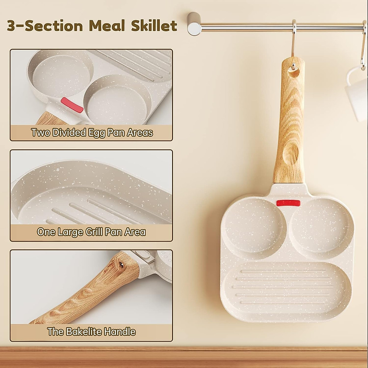 Egg Frying Pan Breakfast Pan - Nonstick Divided Pan, Versatile Fried Egg Pan, Pancake Pan for Breakfast, Gas Stove & Induction Compatible, PFOA PFOS APEO Free, Easy to Clean,Beige