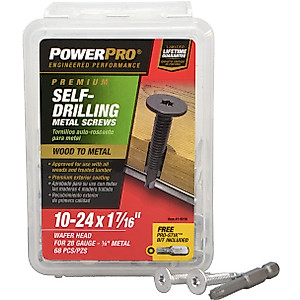 Power Pro Premium Self-Drilling Metal Screws, Epoxy Coated Steel, Wafer Head Wood to Metal Winged Point Screws, Silver, #10 x 1-7/16 inches, Box of 68 Screws