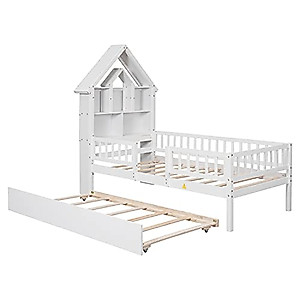 FIQHOME Twin Size Platform Bed for Kids, Twin Size Kids Bed Frame with House-Shaped Headboard, Wooden Twin Bed with Trundle and Fence Guardrails,Solid Wood House Bed for Girls Boys,White