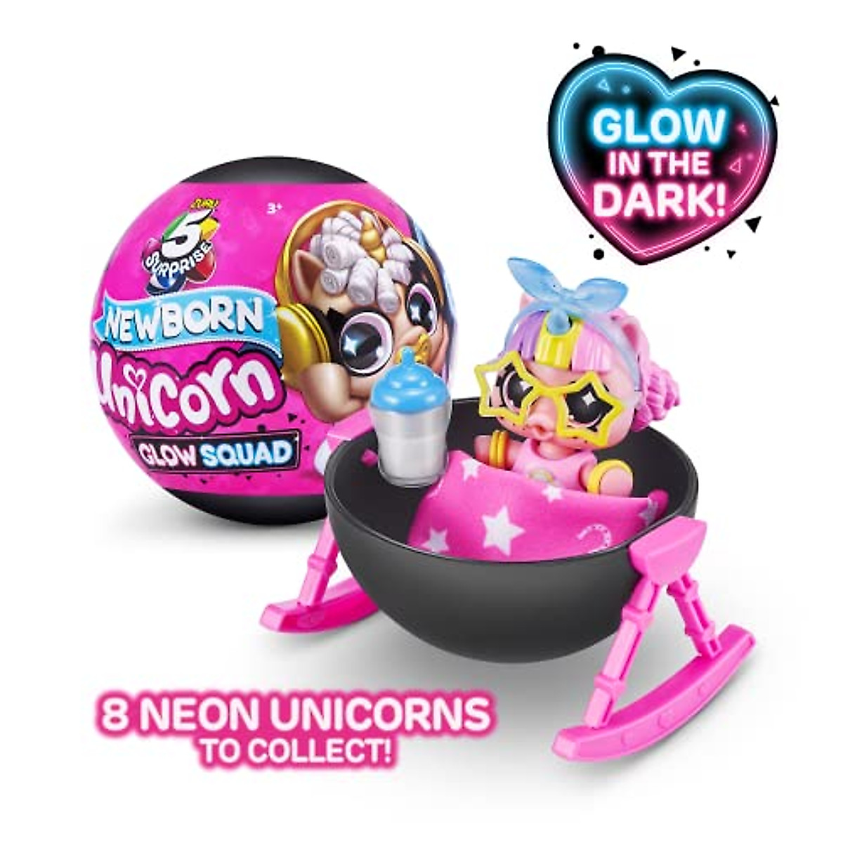 5 Surprise Unicorn Squad Series 6 Newborn Unicorn Glow Squard (2 Pack) by ZURU, Amazon Exclusive Mystery Collectible Toys, Mini Glow in The Dark, Collectable Capsule