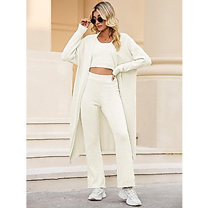 TOLENY Women Fuzzy 3 Piece Lounge Sets Open Front Cardigan Crop Top Wide Leg Pants Sweatsuit Outfits White XL