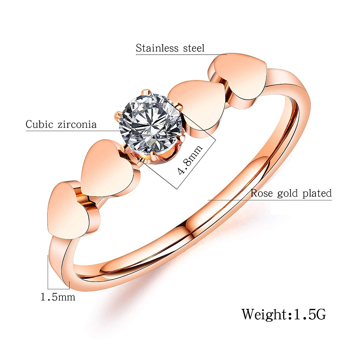 MoAndy Rose Gold Rings for Women Stainless Steel Rings Crystal Rings Finger Rings for Women Love Heart Size 6