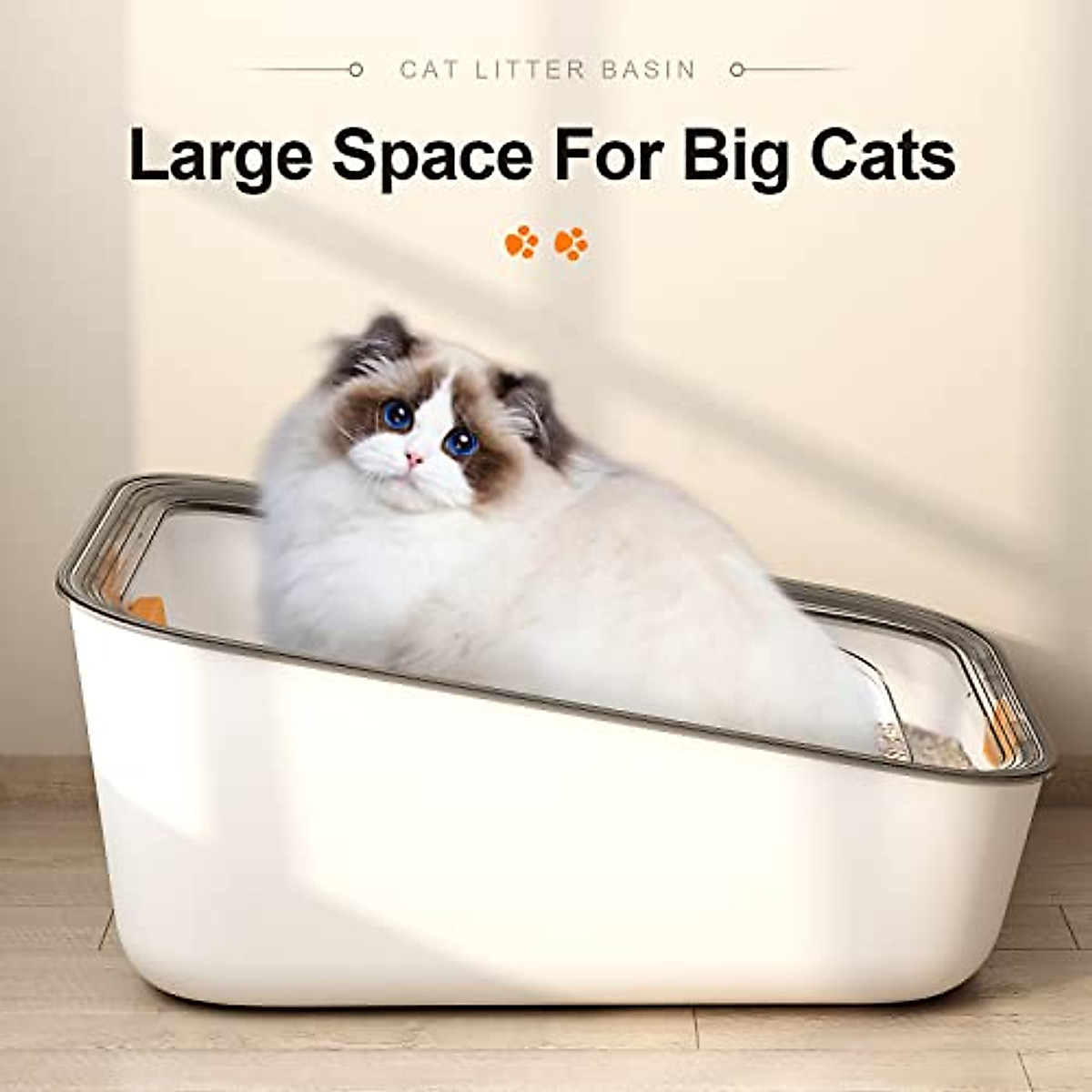 Eiiel Extra Cat Litter Box, 7.3 Wx24 L Large Nonstick Litter Pan Durable Standard Litter Box, Great for Small & Large Cats Easy to Clean1（White）