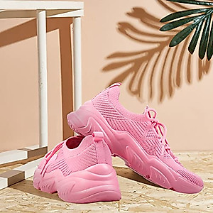 Hasina Womens Walking Shoes Slip On Mesh White and Hot Pink Sneakers Lightweight Breathable Comfortable Casual Running Shoes （Pink,7）