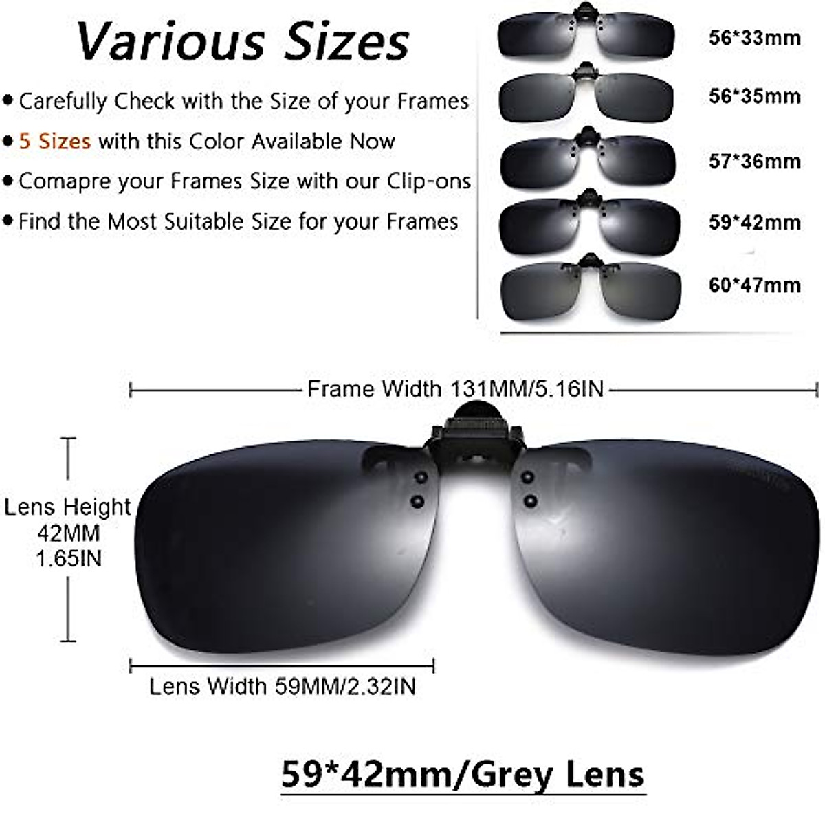 CAXMAN Polarized Clip-on Flip Up Metal Clip Rimless Sunglasses, Lightweight, Black Lens 59 * 42mm